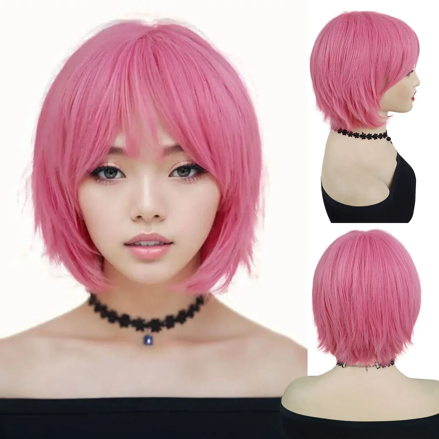 Short Pink Cosplay Wigs for Women Synthetic Hair Wig with Bangs ...