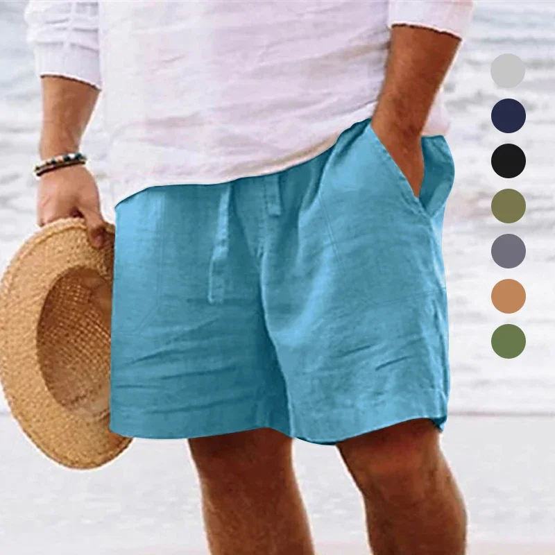 Men-s-summer-cotton-and-linen-shorts-with-drawstring-elastic-waist ...