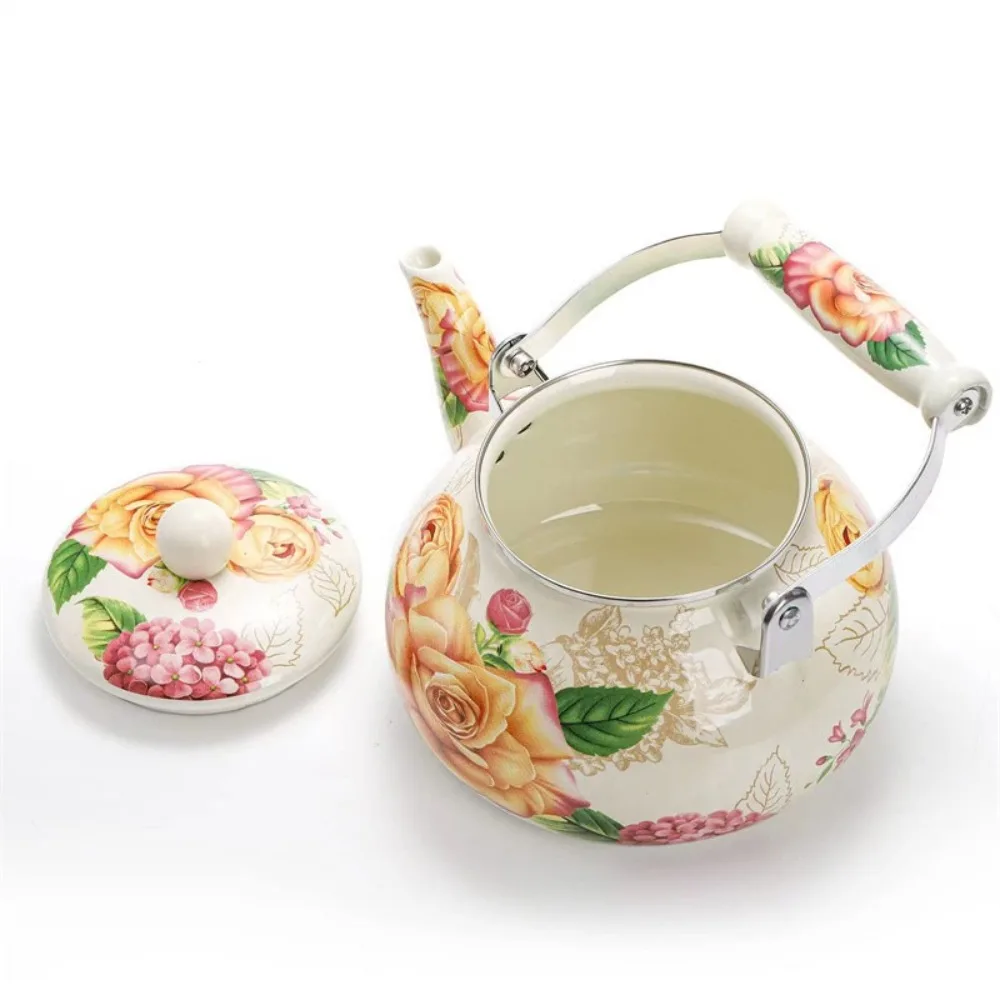 Chinese Style Enamel Teapot Floral Enameled Antiscald Handle Tea Jug 2 ...