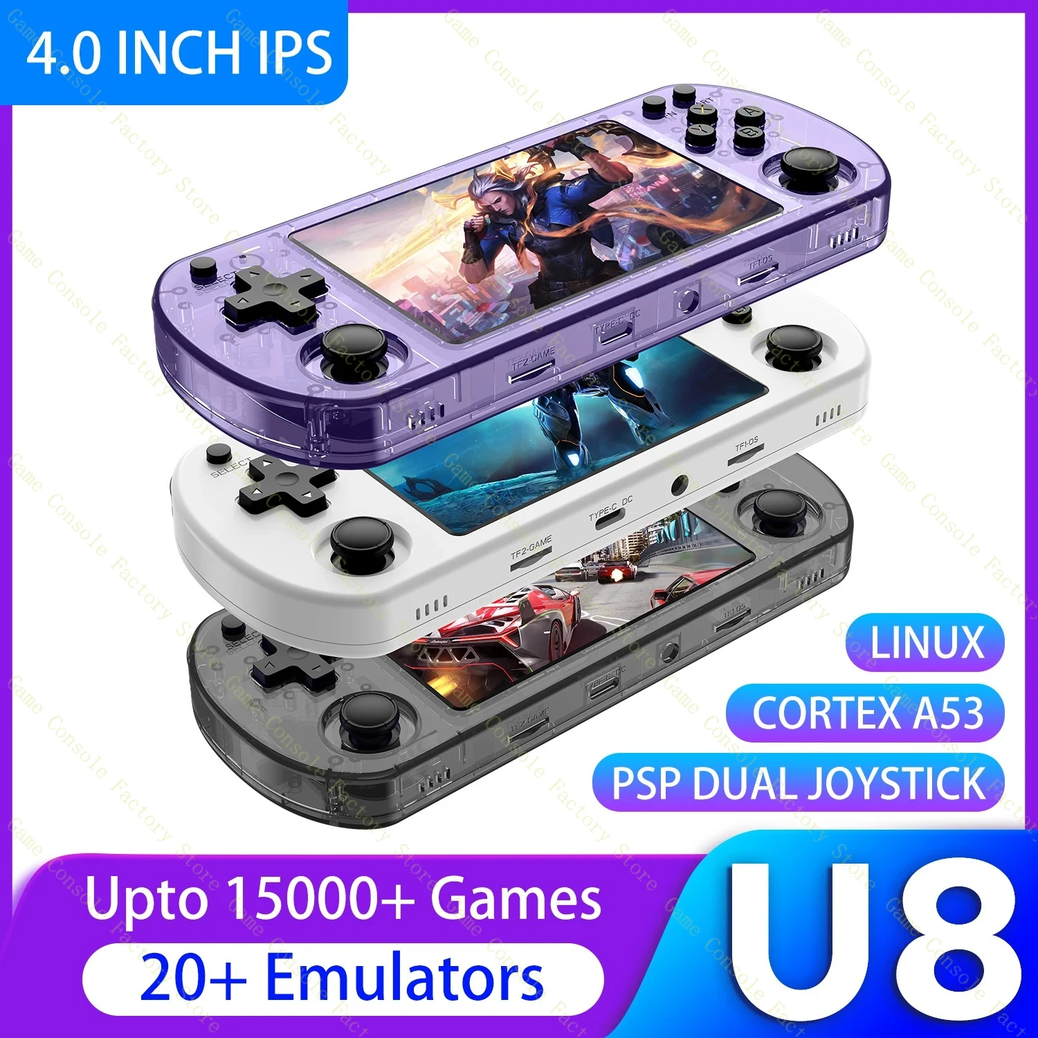 U8 Retro Handheld Video Game Consol 64GB Linux System 4.0 IPS Screen ...
