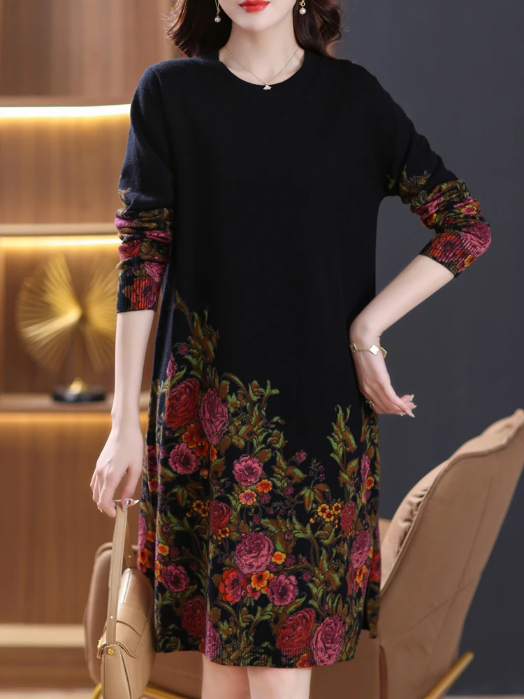 Floral Print Long Sweaters Dress Spring Women Clothing Long Sleeve ...