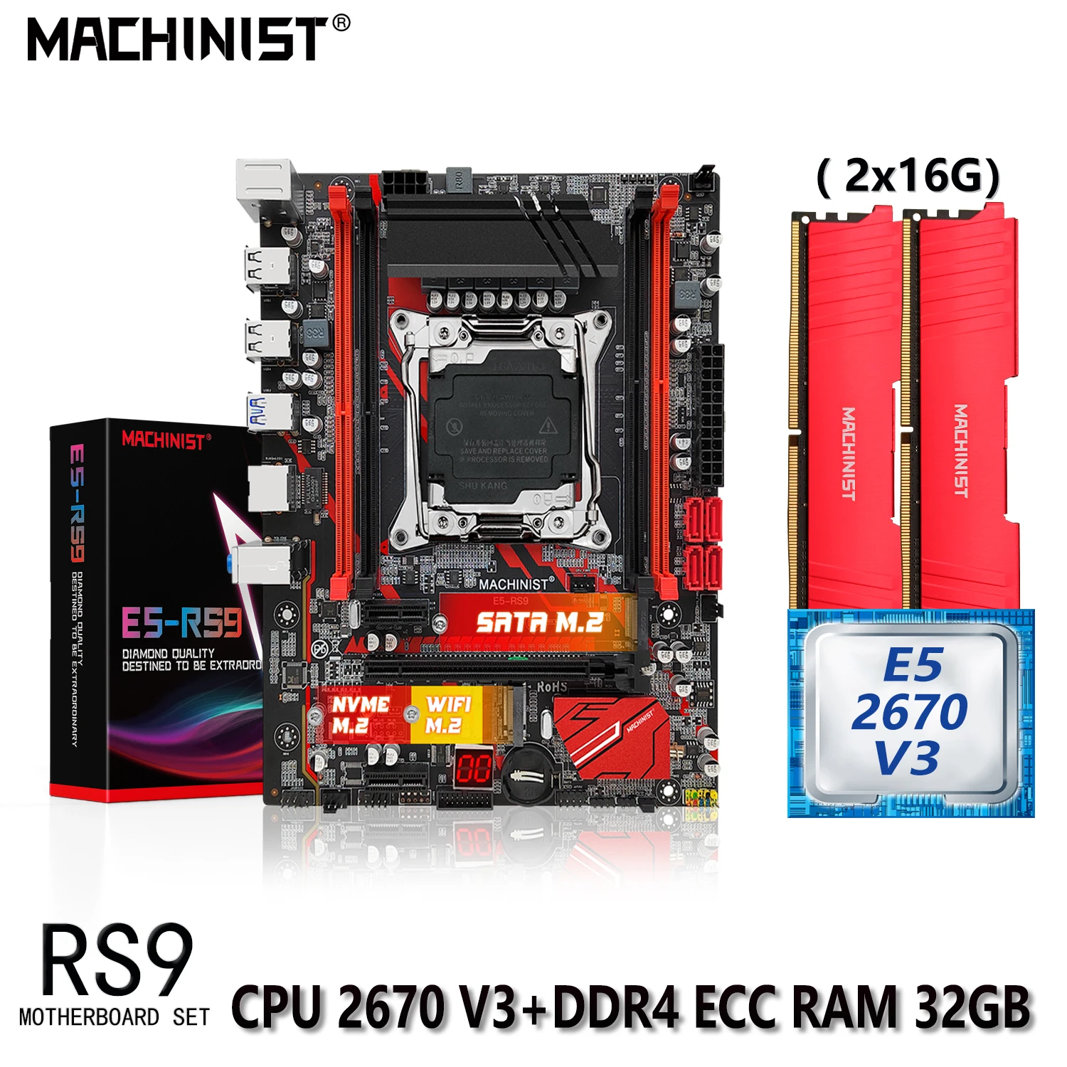 MACHINIST-RS9 X99 Conjunto de Motherboard, Kit Xeon, CPU E5 2670 V3, 32GB, 2x16G, RAM DDR4 ECC ...