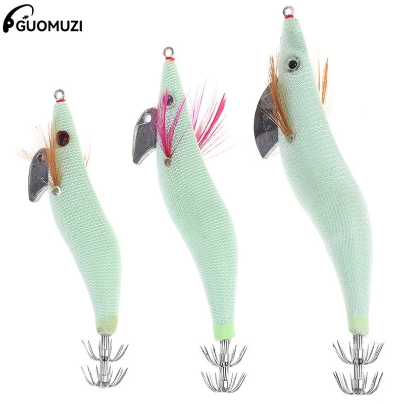 1pc Fishing Lure Luminous Squid Jigs White Glow Wood Shrimp with Octopus Squid Jig Hooks ...
