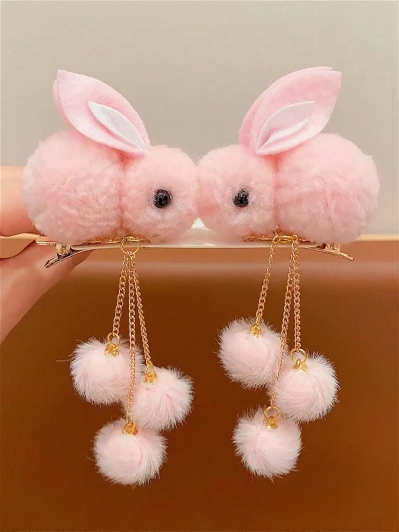 2 Hairpins Ladies pink stereoscopic plush rabbit fringe hairpin antique ...