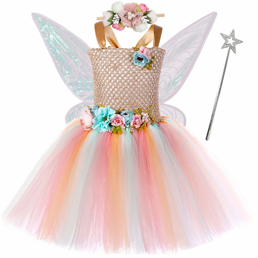 Flower Girls Fairy Tutu Dress with Wings Halloween Cosplay Butterfly ...