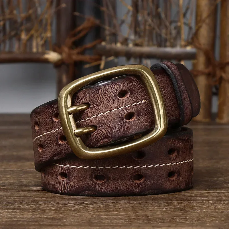 3-8cm-Pure-Cowskin-Genuine-Leather-Belt-Men-Brass-Copper-Double-Needle ...