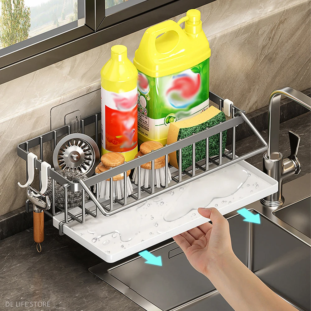 Wall-Dishwashing-Sponge-Holder-Kitchen-Sink-Shelf-With-Draining-Tray ...