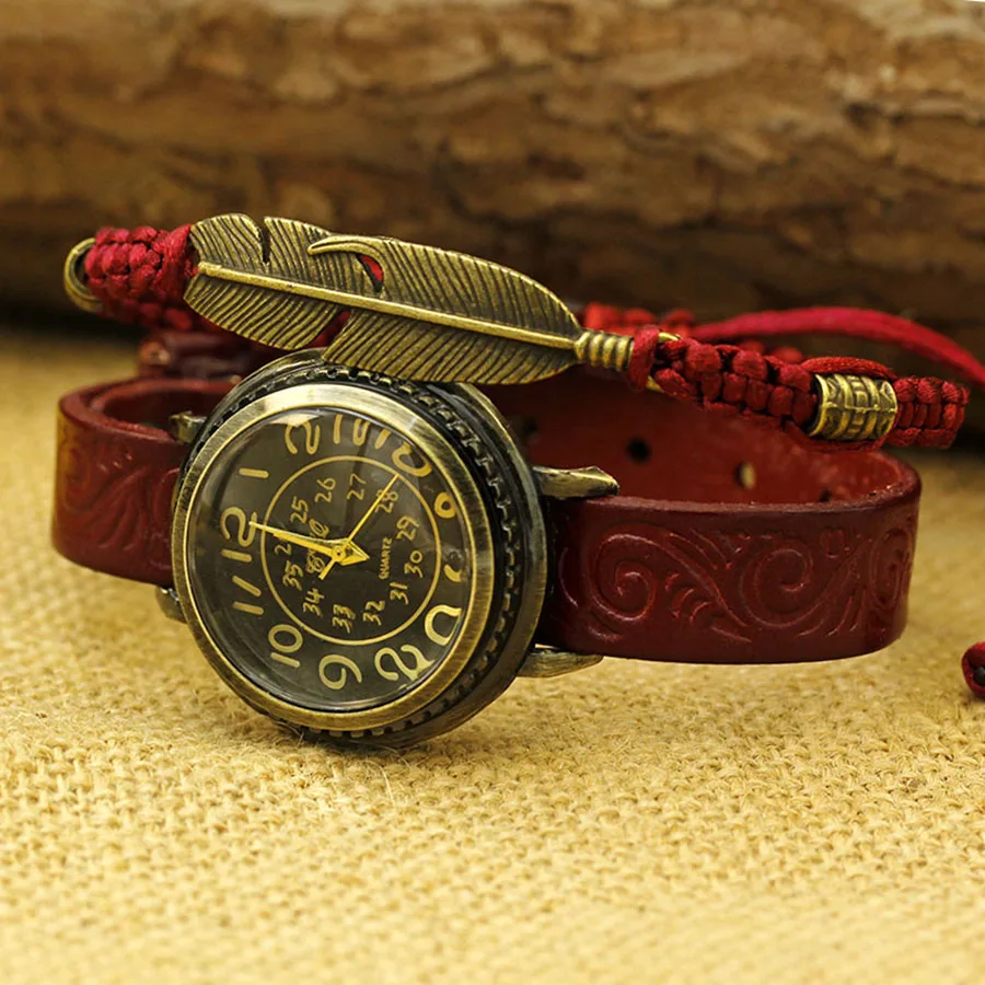 New embossed cowhide leather vintage quarts wristwatch Antique bronze ...