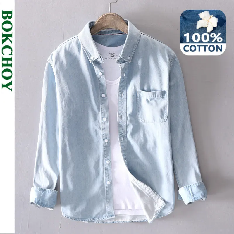 Spring New Solid Color Denim Shirt for Men 100% Cotton Fashion Four ...