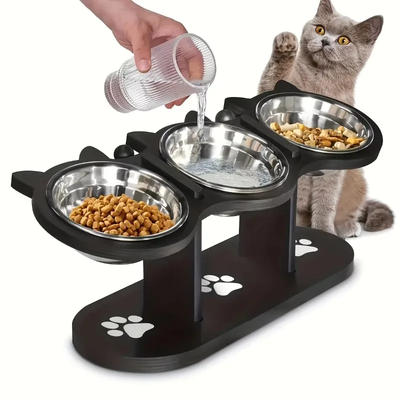 3 Bowls Wooden Elevated Cat Feeder Stand with 15 Angle Adjustable ...