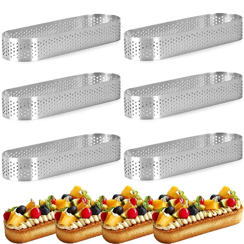 6PCS Silver Oval Stainless Steel Porous Cake Mousse Mold for French ...
