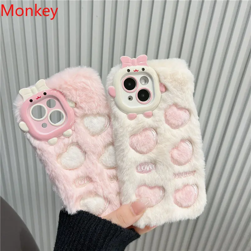 Korean-Cute-Love-Heart-Plush-Warm-Fluffy-Phone-Case-For-iPhone-15-14 ...