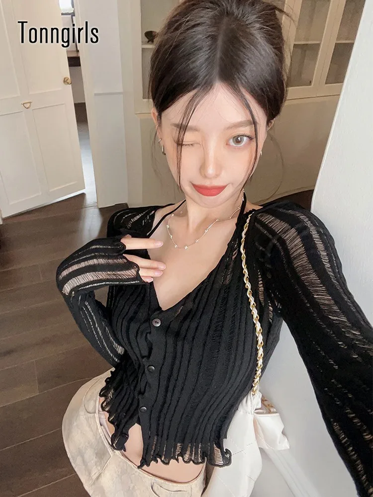 Tonngirls Harajuku T Shirt Women Long Sleeve Hollow Out Knitted ...