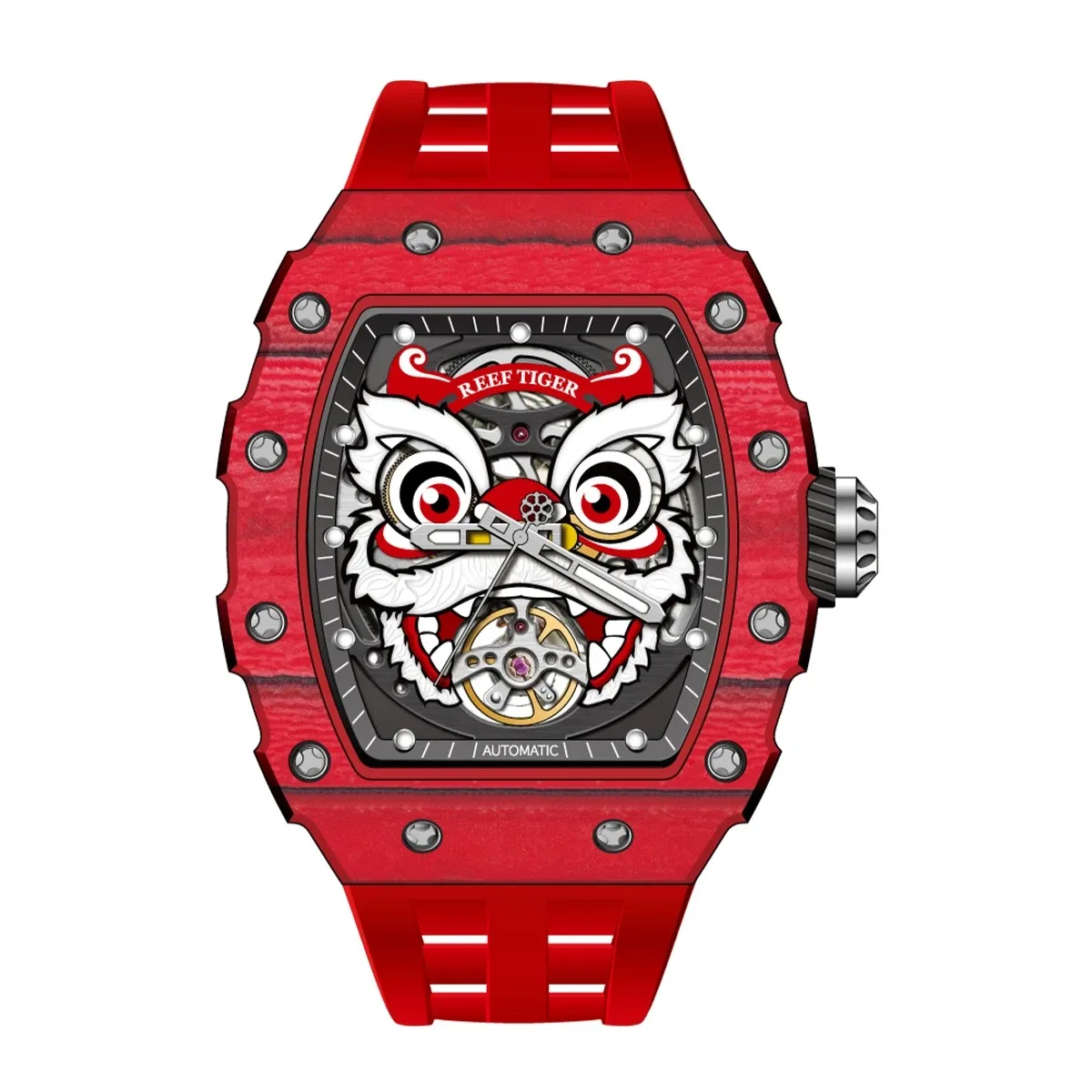 Reef Tiger Men Automatic Watch Tonneau Mechanical Wristwatch FKM ...