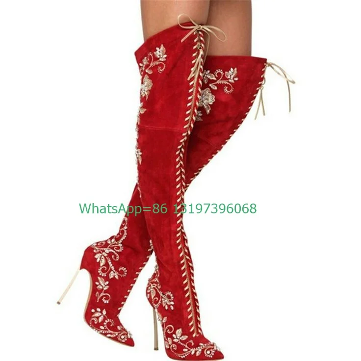Lady Red Rhinestone Weave Design Lace-Up Boots Over The Knee Yellow ...