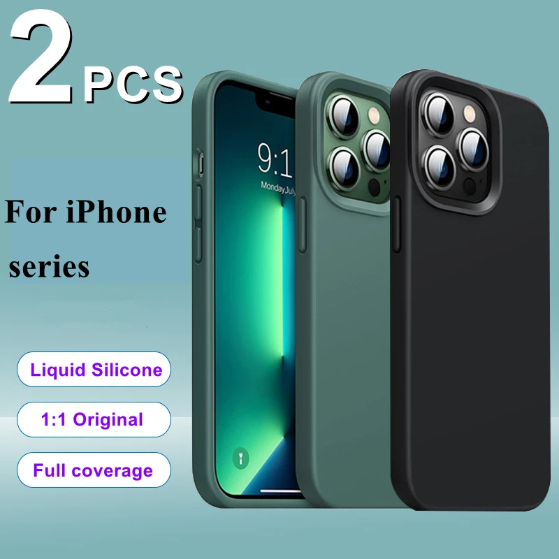 2 pçs caso de silicone líquido original para o iphone 14 13 12 11 pro ...