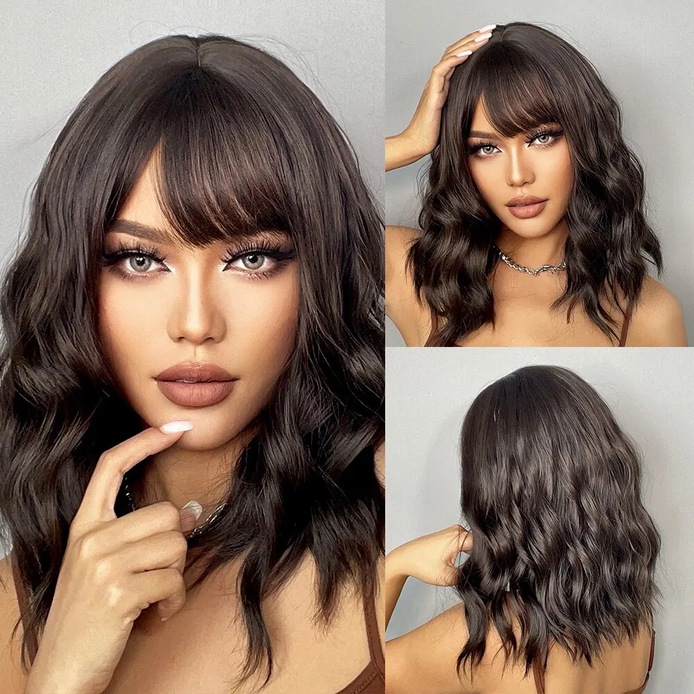 Short Wavy Bob Wigs For Women Brown Bob Wig Synthetic Natural Wig For ...