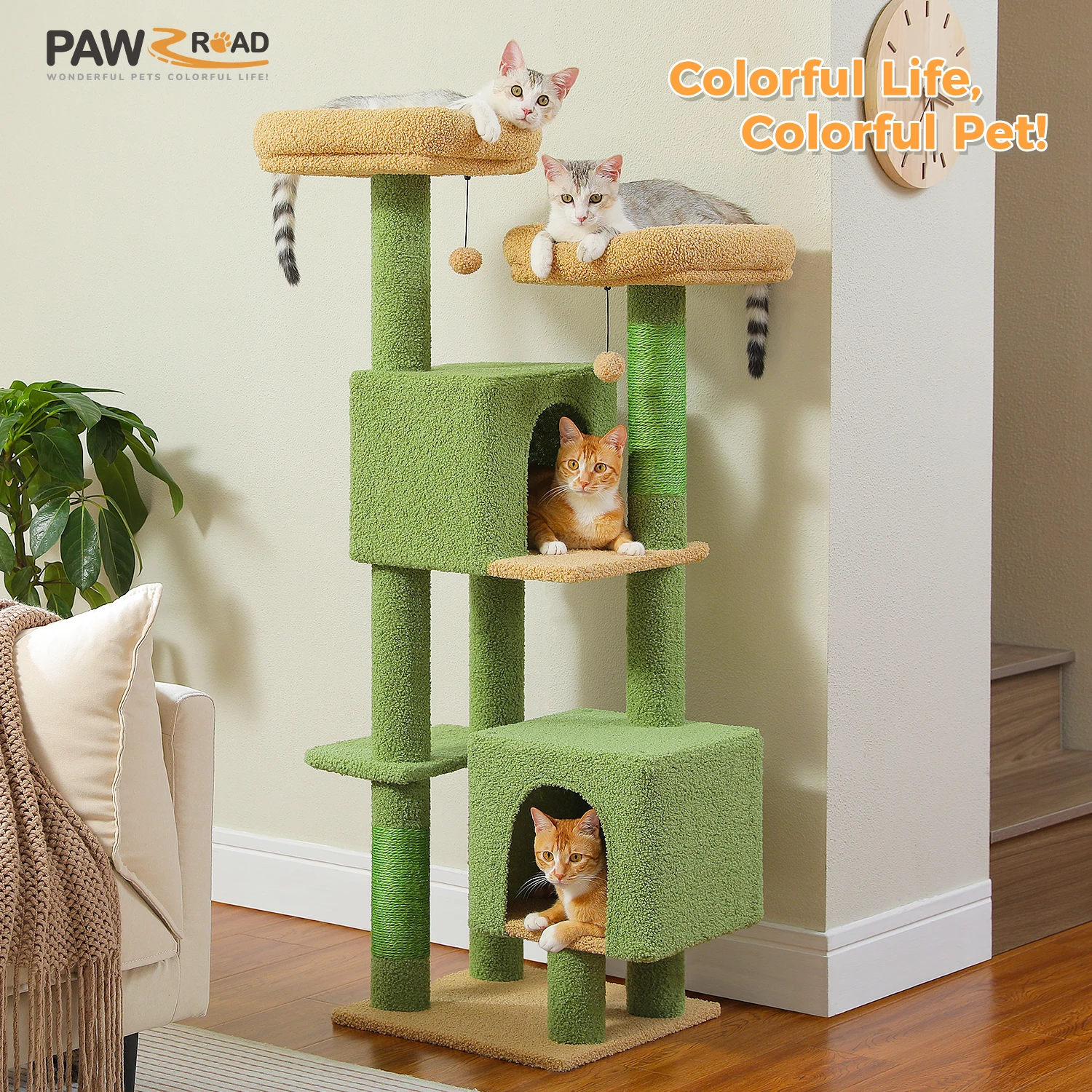Cactus Cat Tree, 133cm Cat Tower for Indoor Cats, Cute Cat Tree with 2 ...