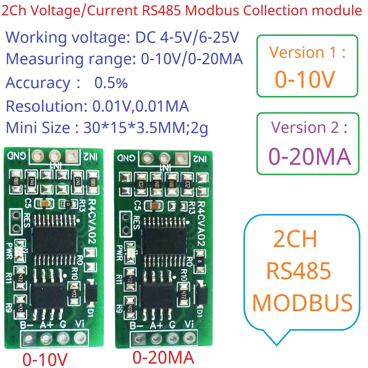 Mini 2CH Modbus RTU RS485 A/D Converter for 4-20mA 0-5V 0-10V Input ...