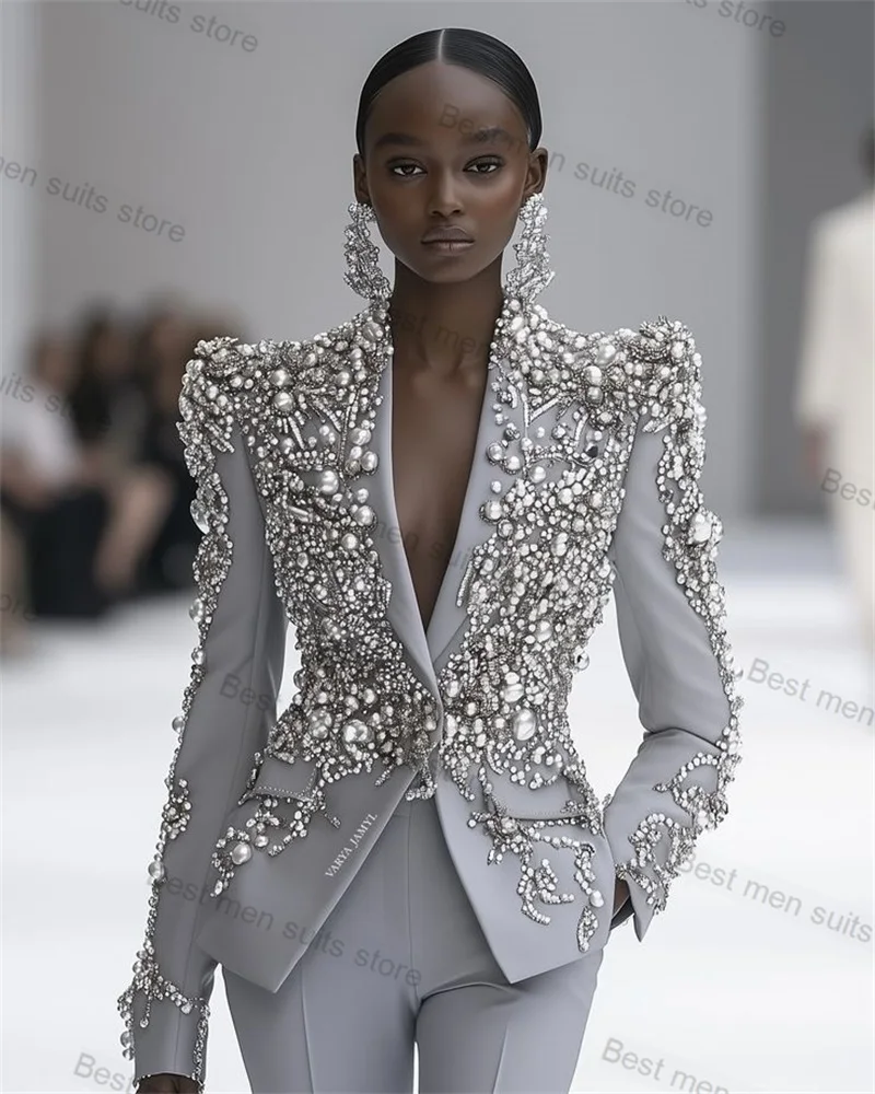 Silver Shiny Women Suit Set 2 Piece Blazer+Straight Pants Trousers ...