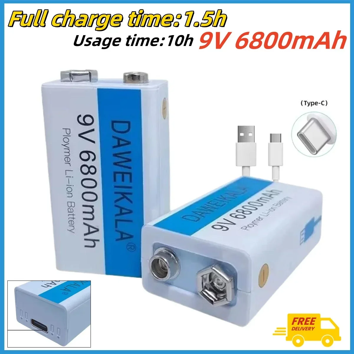 New9V 6800mAh li-ion Rechargeable battery Micro USB Batteries 9v ...