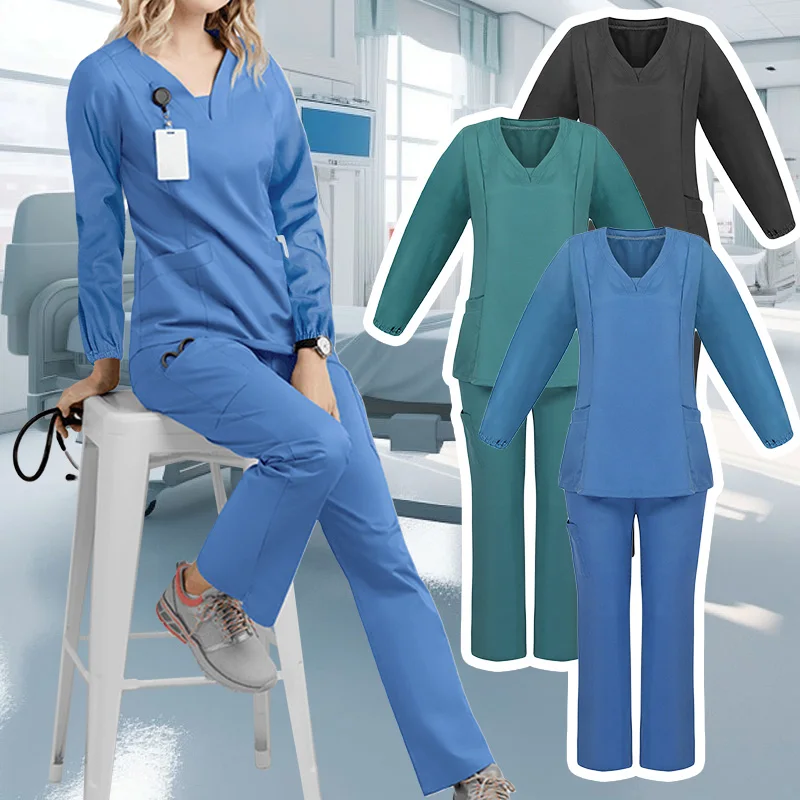 Autumn Winter Long Sleeve Medical Scrub Suit Men Nursing Uniforms V ...