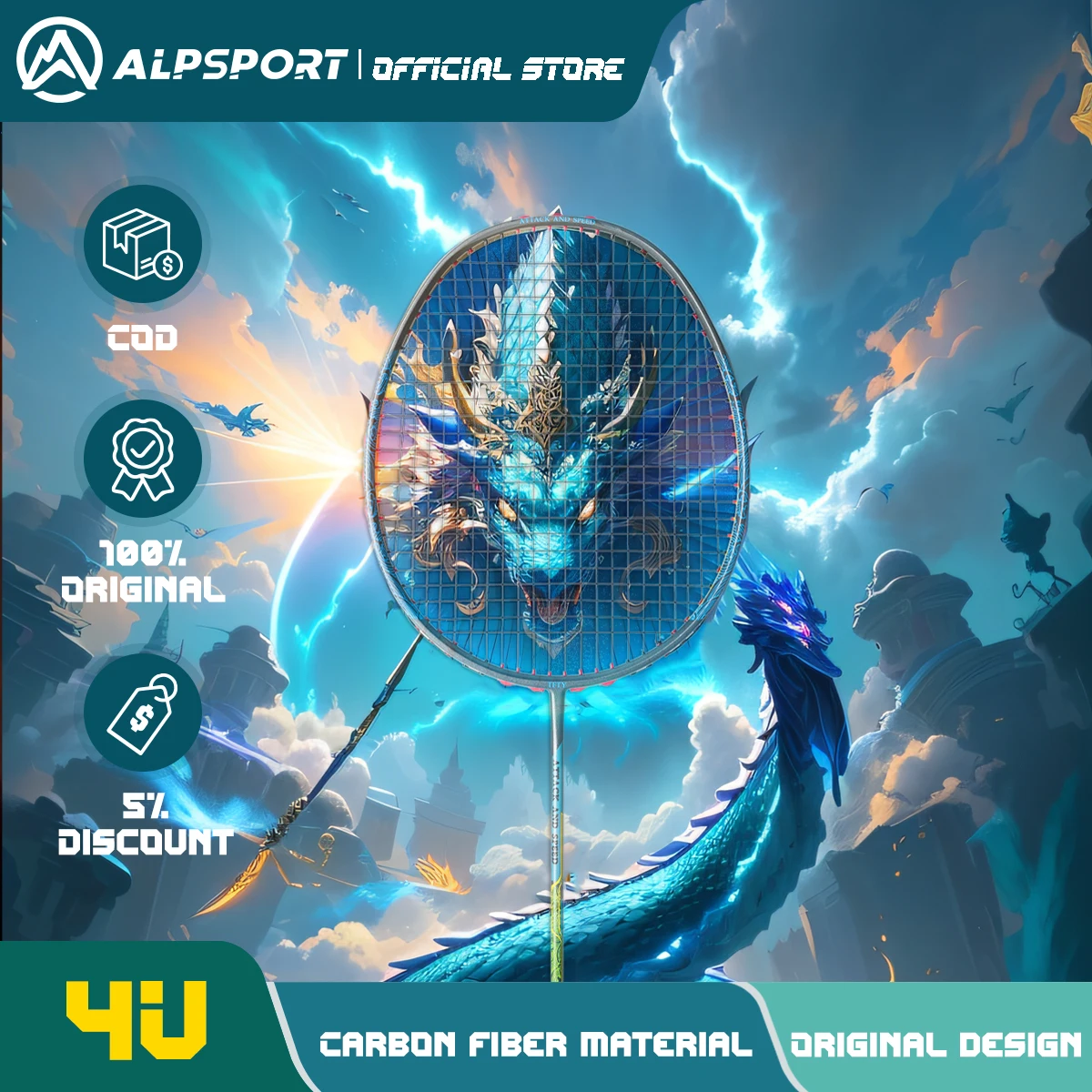 Alpsport-HL-4U-T500-Badminton-racket-Offensive-Type-Balanced-Max-30-LBS ...