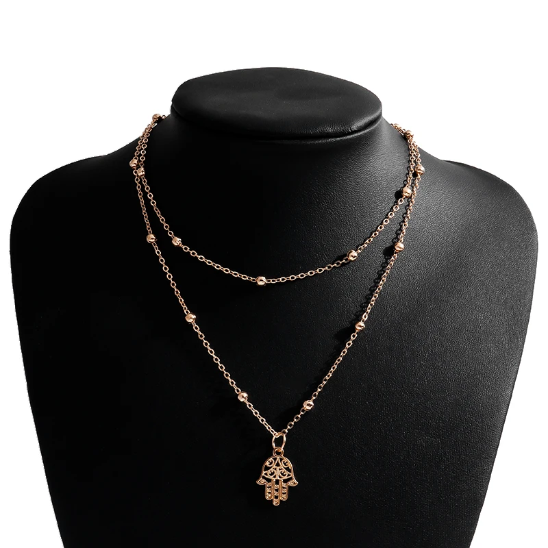Aihua Fashion Double layer Beads Chain Hamsa Hand Necklace for Women ...