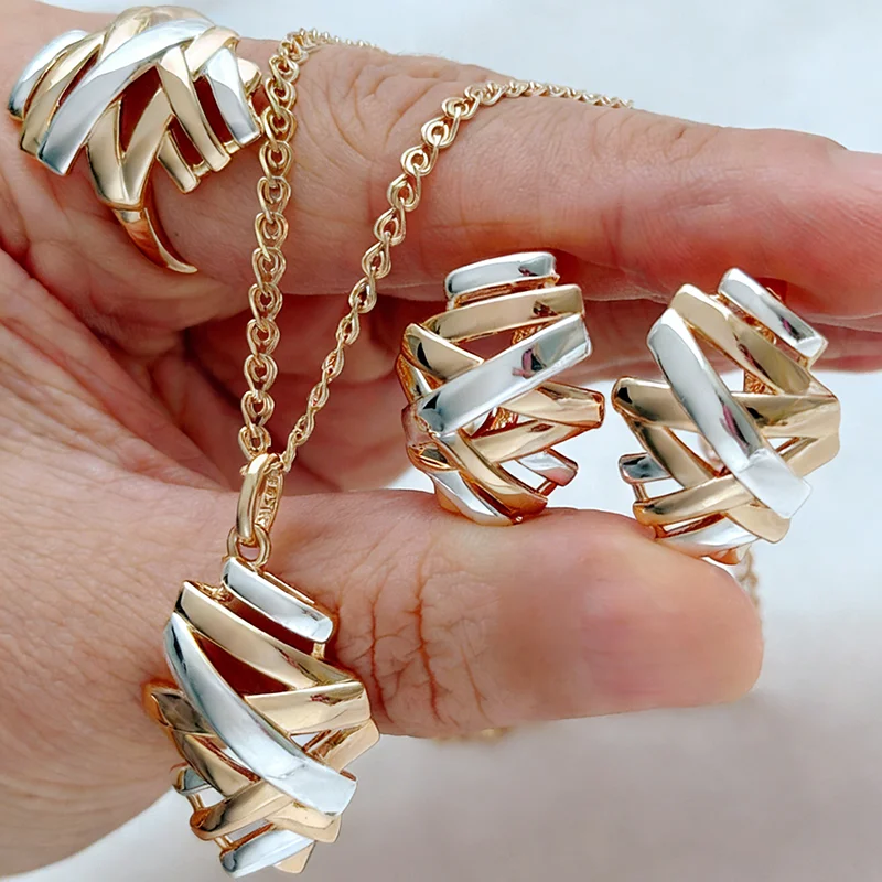 Kinel-anillo nupcial con líneas cruzadas únicas, pendientes, collar ...