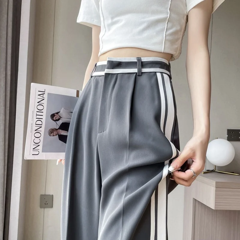 넓은 다리 바지 여성용 회색 줄무늬 고급 정장 바지 여름 얇은 키가 큰 얼음 실크 드레이프 좁은 스트레이트 바지