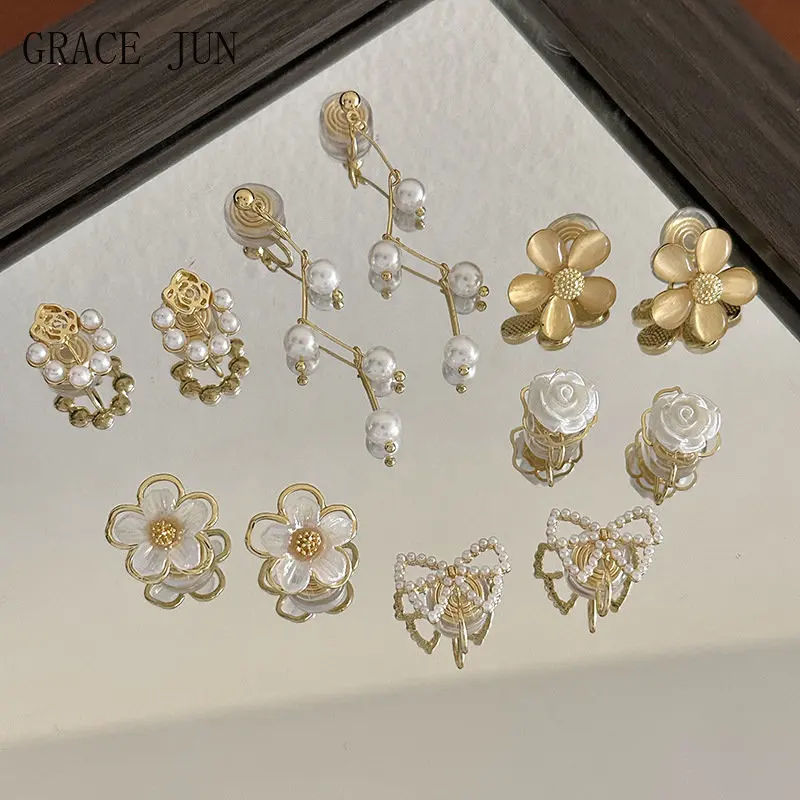 GRACE JUN New Arrival Flower Heart Clip on Earrings Women's Fashion ...