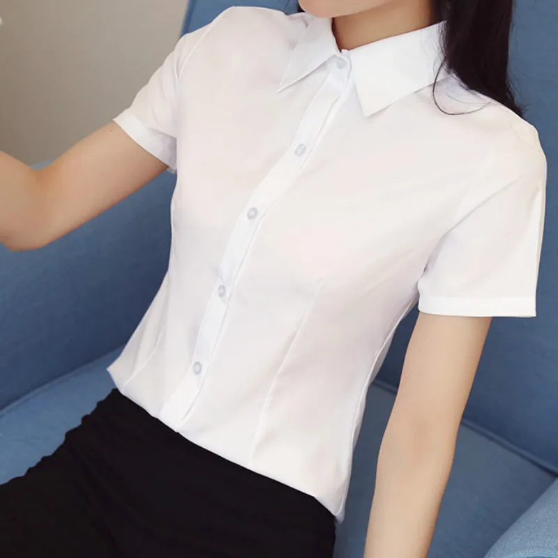 White-Top-Slim-Fit-Women-Shirt-Button-Up-Short-Sleeve-Summer-Office ...