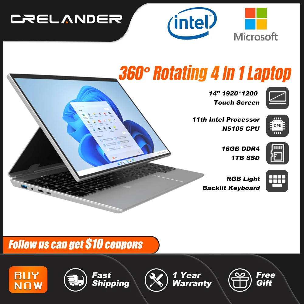 CRELANDER-2em1-Tablet-PC-Intel-N5105-Processador-14-polegada-Touch-Screen-360-Graus-Rotating-RAM ...