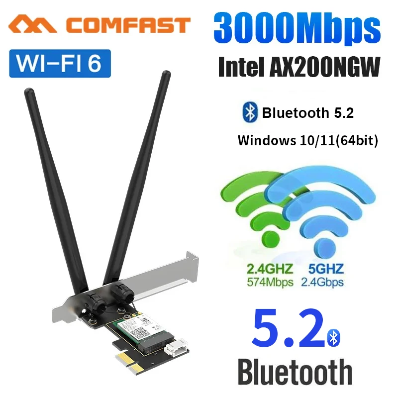 WiFi-6-3000Mbps-PCI-E-Bluetooth-5-2-Wireless-Adapter-Intel-AX200-Chip ...