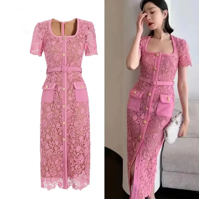 Fashion Runway Summer Pink Lace Sheath Dress Vintage Women Square ...
