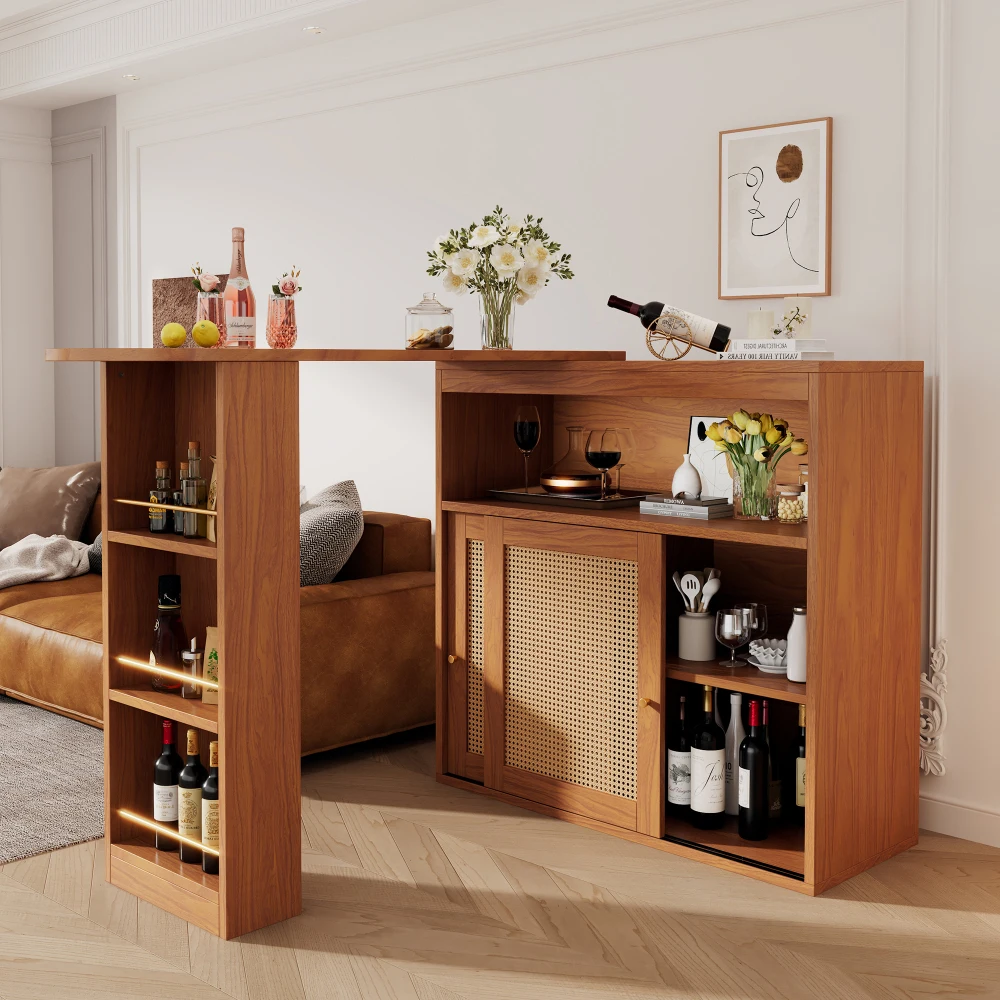 138-193x104cm Rattan Door Bar Counter - Retractable Kitchen Island w ...