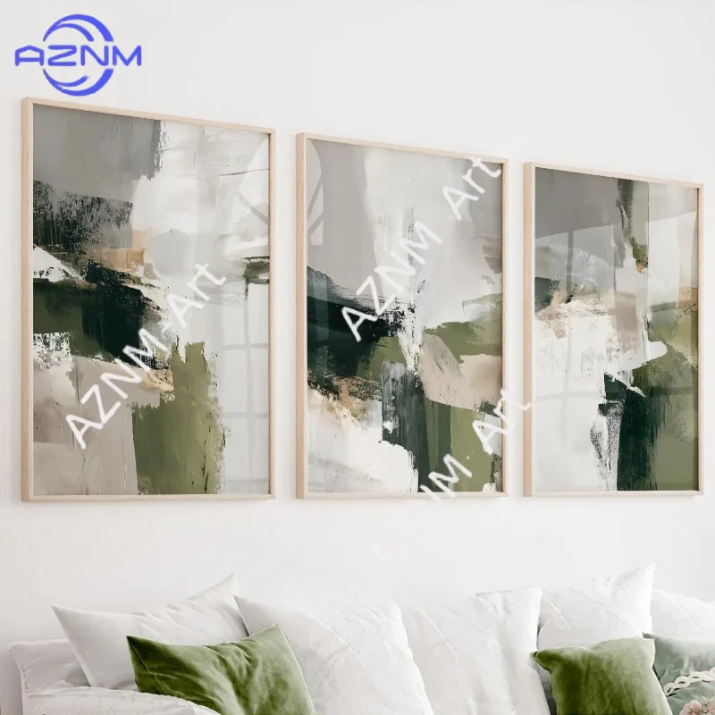 Ensemble de 3 impressions d'art mural abstrait, vert olive neutre ...