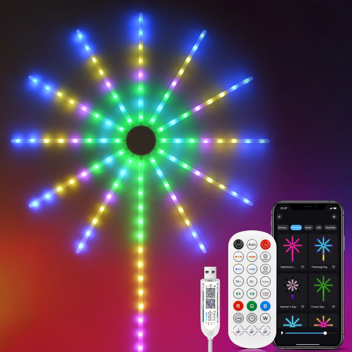 Bluetooth Fireworks Light, Waterproof USB Fairy LED String Light,Neon ...