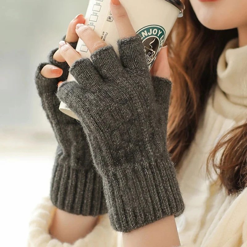 Knitted-Keep-Warm-Winter-Gloves-Men-Women-Thickened-Half-Finger-Stretch ...