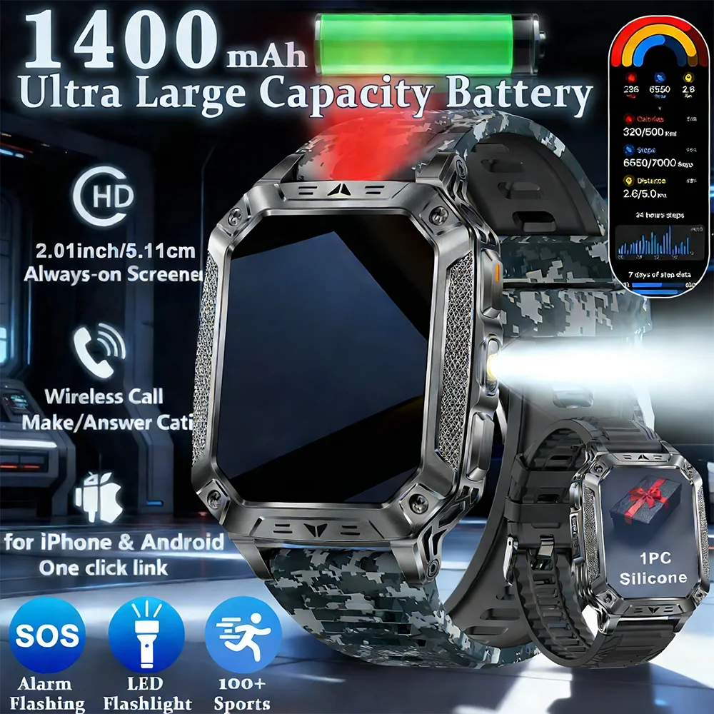 2026 New Military 1400mAh Long Battery Llife Battery Smart Watch IP68 ...