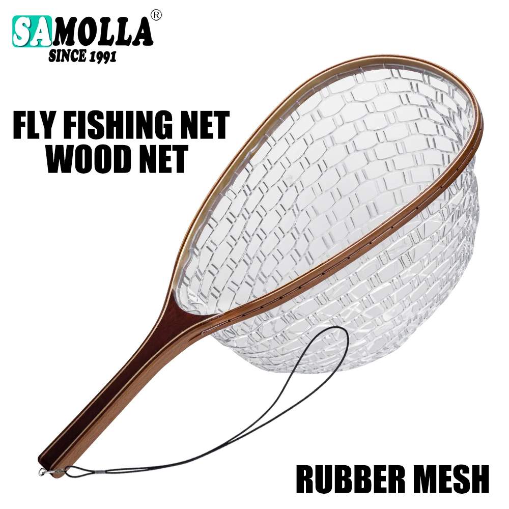 Wooden-Handle-Fishing-Net-Large-Fly-Fishing-Tackle-Rubber-Coating-Trout ...