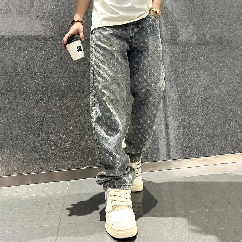 Jacquard-Pattern-Denim-Pants-Male-Straight-Fitting-Baggy-Bottoms ...