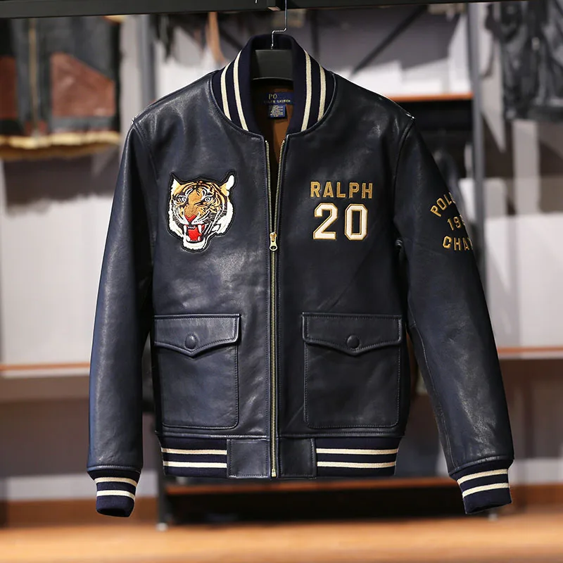 Men-s-top-quality-stand-collar-real-leather-jacket-baseball-tiger ...