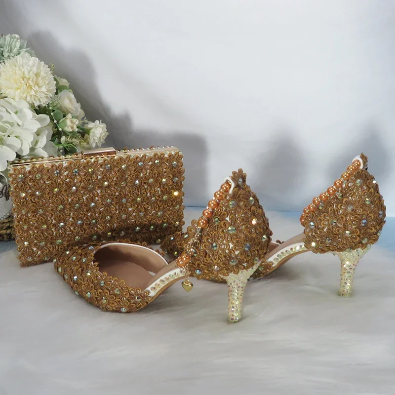 Coffee-Lace-Flower-Wedding-Shoes-And-Bags-Set-Pearl-Pointed-Toe-Ankle ...