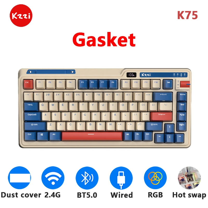 KZZI K75 개스킷 구조 트라이 모드 기계식 키보드, 82 키, 75% RGB 백라이트, 2.4G 무선 블루투스 게이머 ...