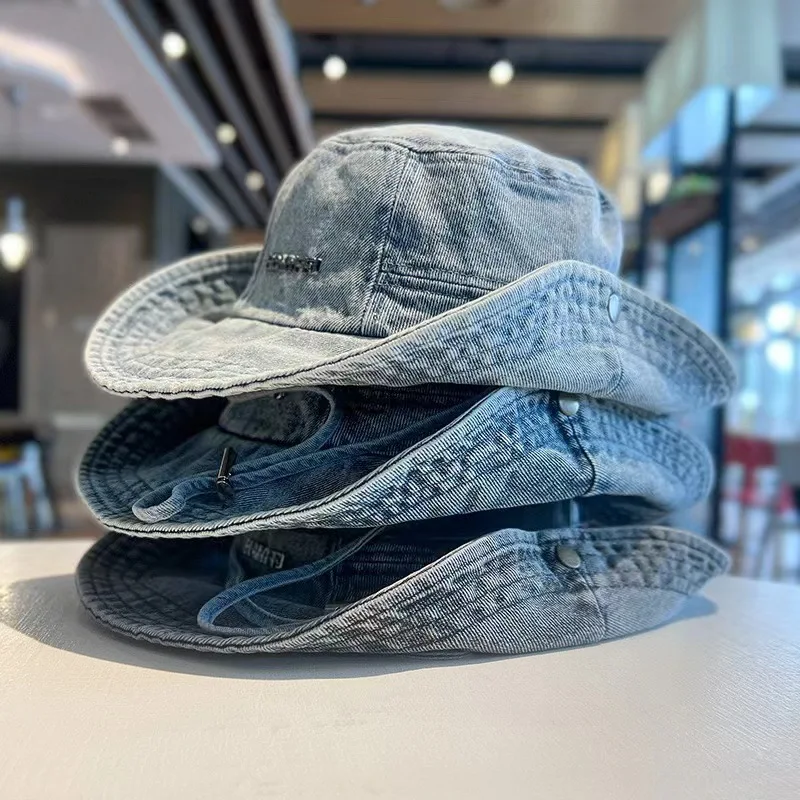 Denim Cloth Bucket Hat Men Women Outdoor Fisherman Cap Retro Casual Sun ...