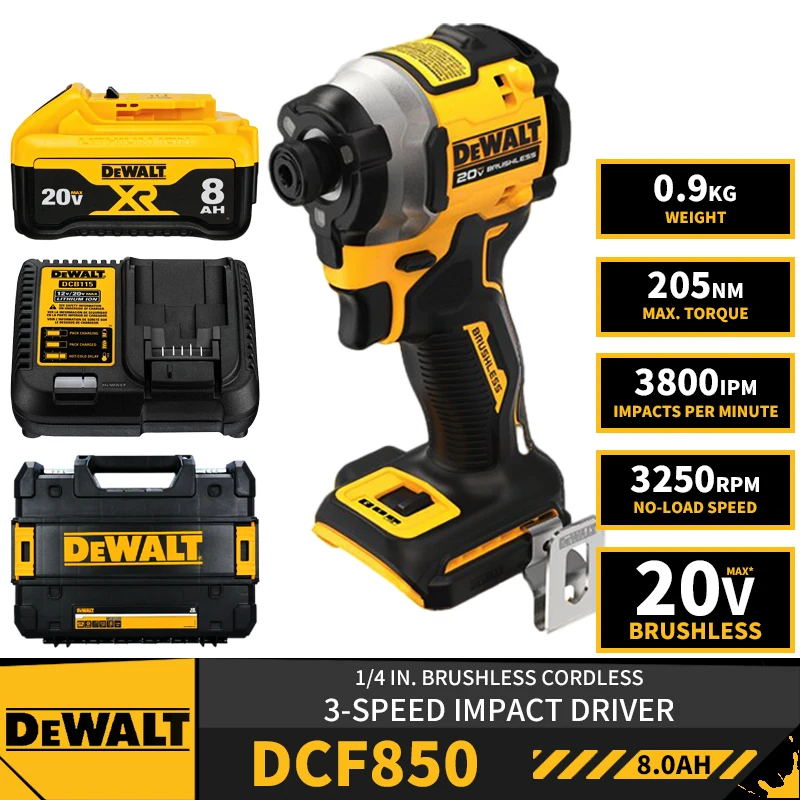 DEWALT DCF850 키트 브러시리스 무선 3 단 임팩트 드라이버, 배터리 충전기 포함, 20V 리튬 공구, 전기 드릴 ...