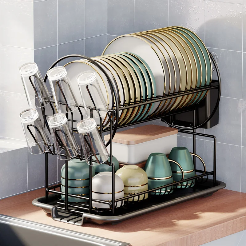Dish-Drying-Rack-Kitchen-Organizer-2-Tier-Utensils-Storage-Rack-Bowls ...