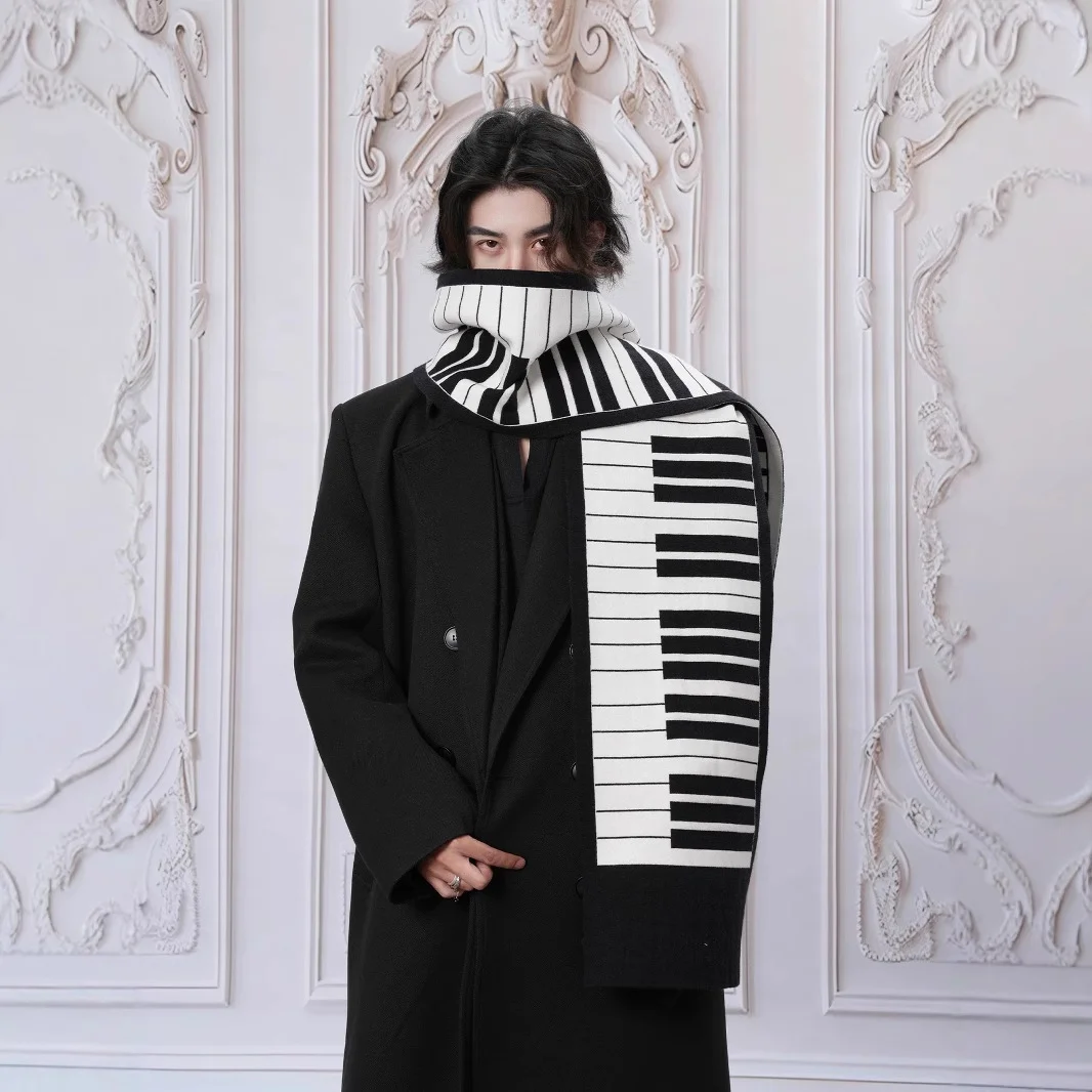 2025 Piano Keyboard Pattern Black White Plaid Vintage Scarf Men Women ...