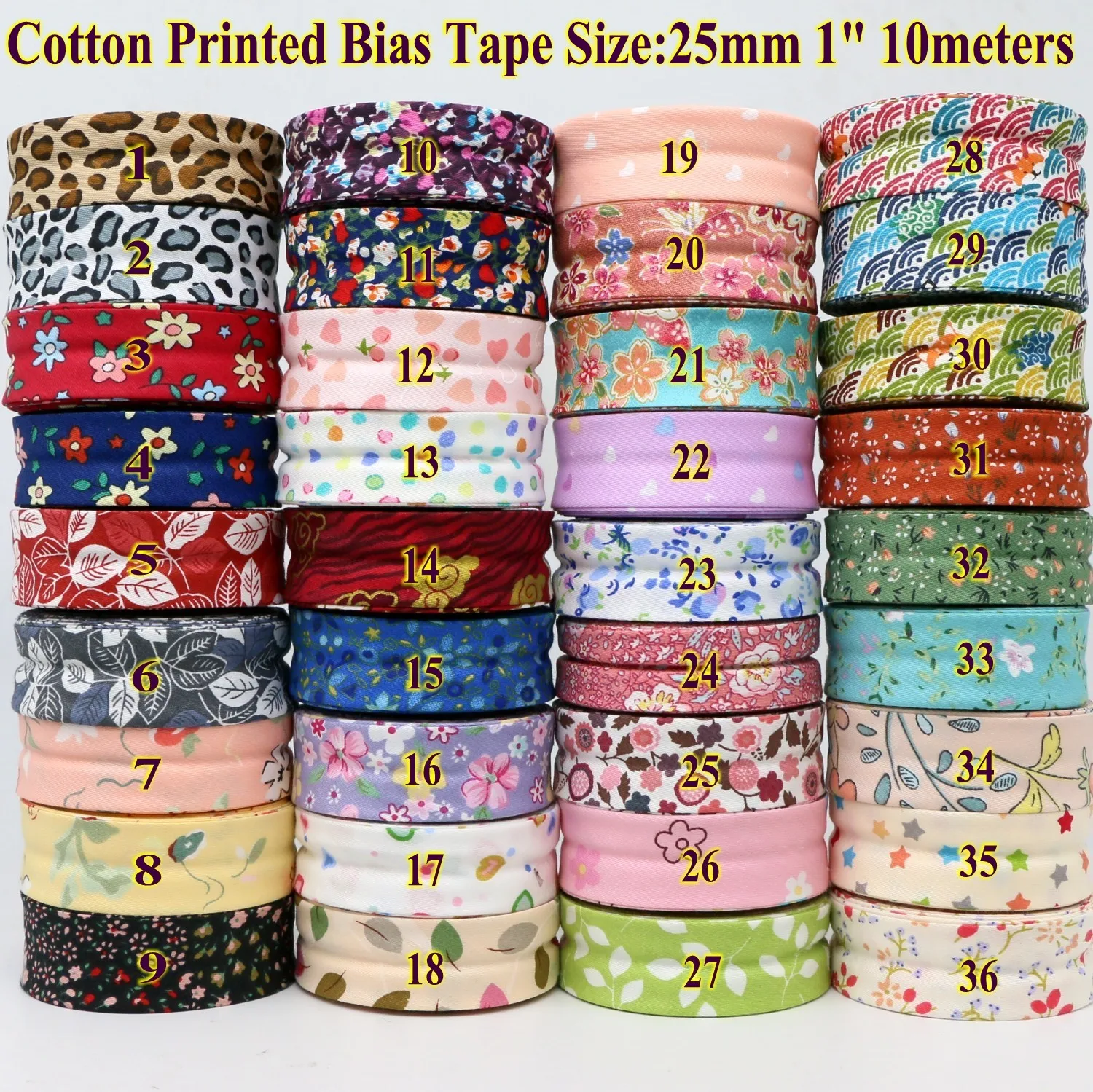 Cotton Bias tape printed flowers, size: 25mm,1" 10meters printed ...